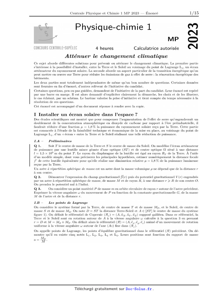 MP Physique Centrale 1 2023.enonce | PDF