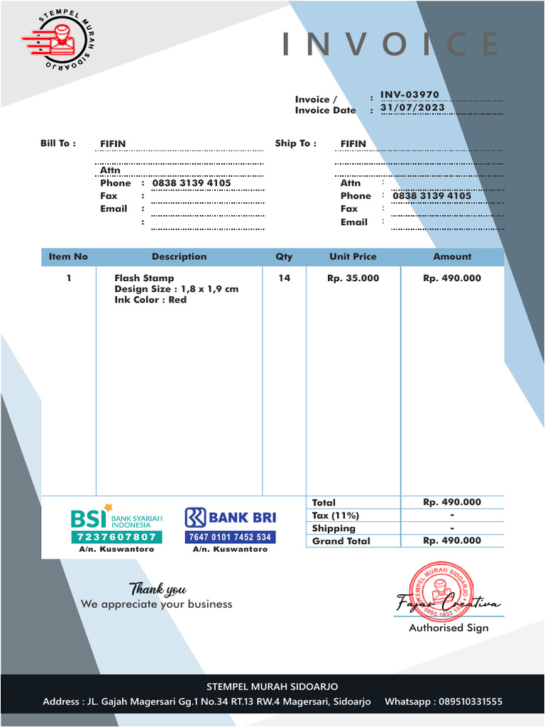 Invoice Stempel Murah Sidoarjo To Fifin | PDF