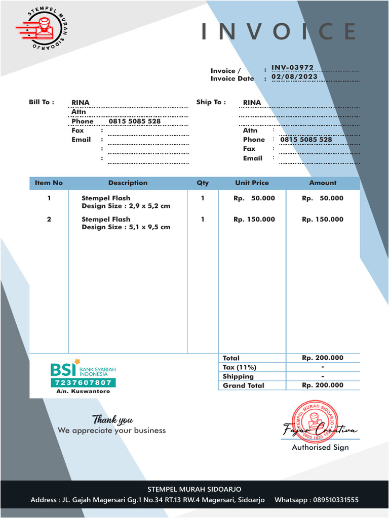 Invoice for Stempel Murah Sidoarjo | PDF