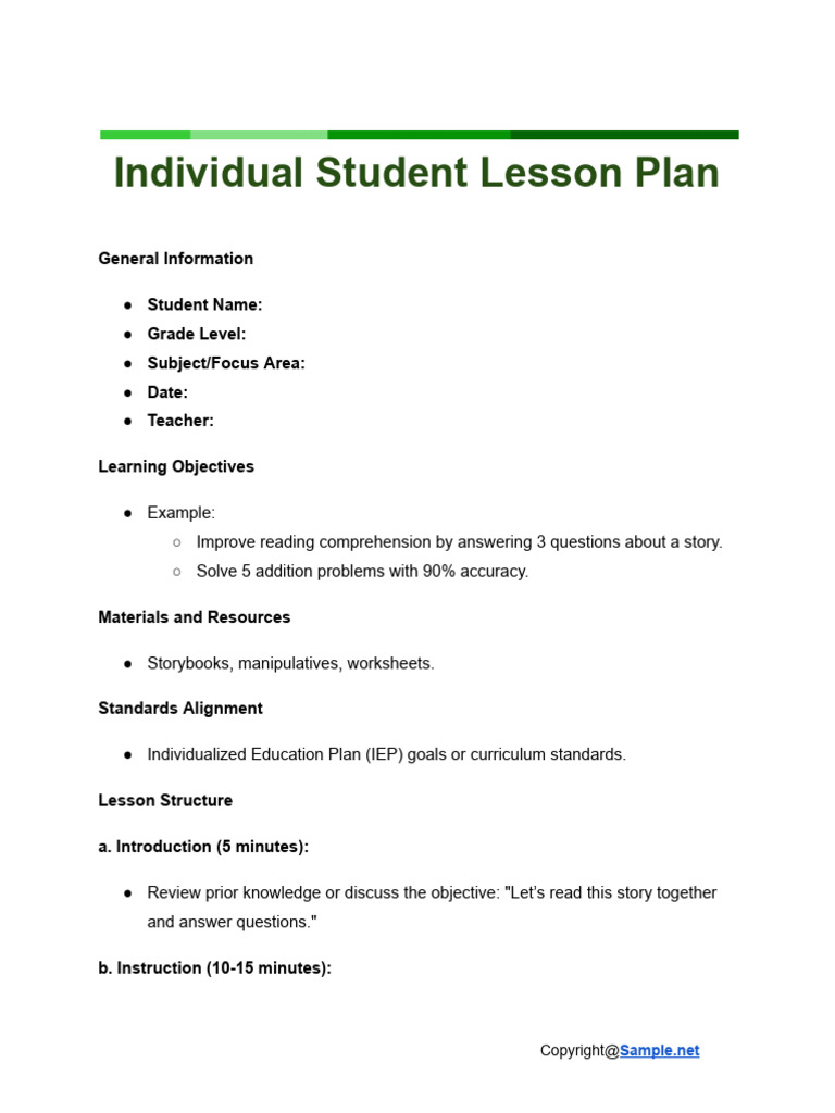 Individual Student Lesson Plan Template | PDF