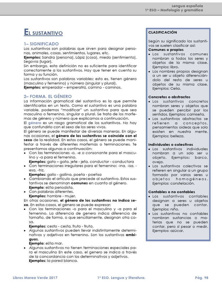 1ESO Lengua y Literatura Sustantivo Adjetiv | PDF | Sustantivo | Género ...