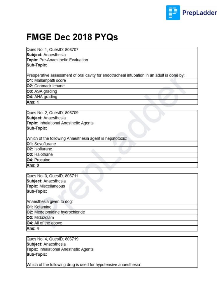 FMGE papers | PDF | Anesthesia | Bacteria