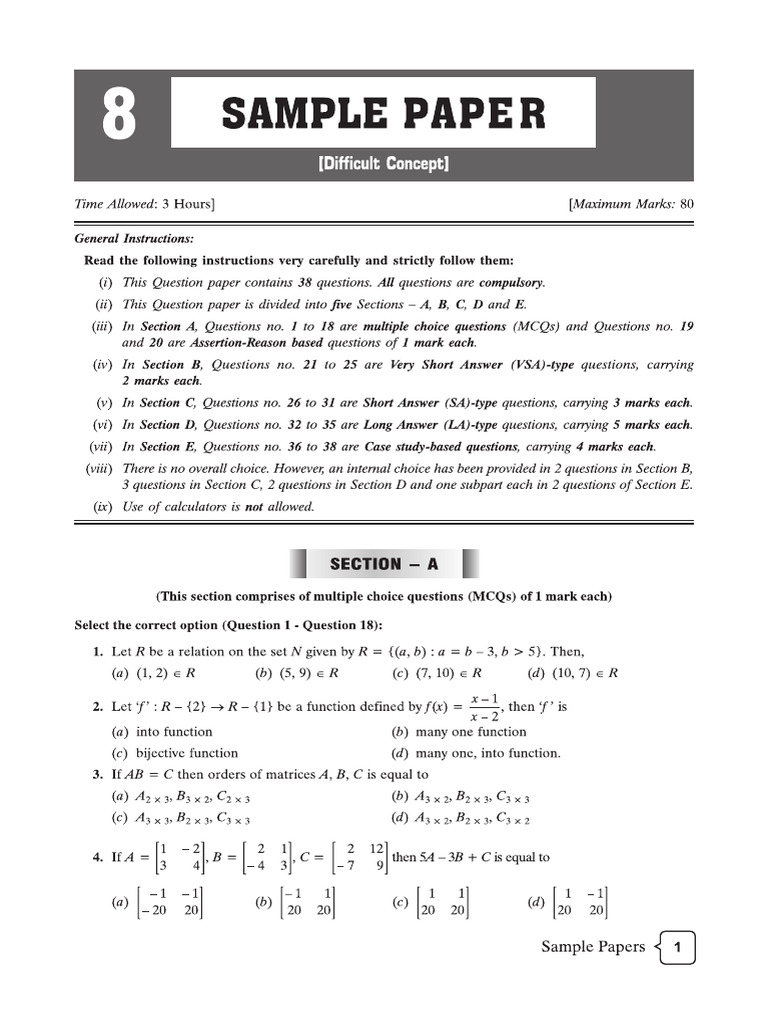 Cbse cl12 Ead Mathematics Difficult Paper 8 | PDF