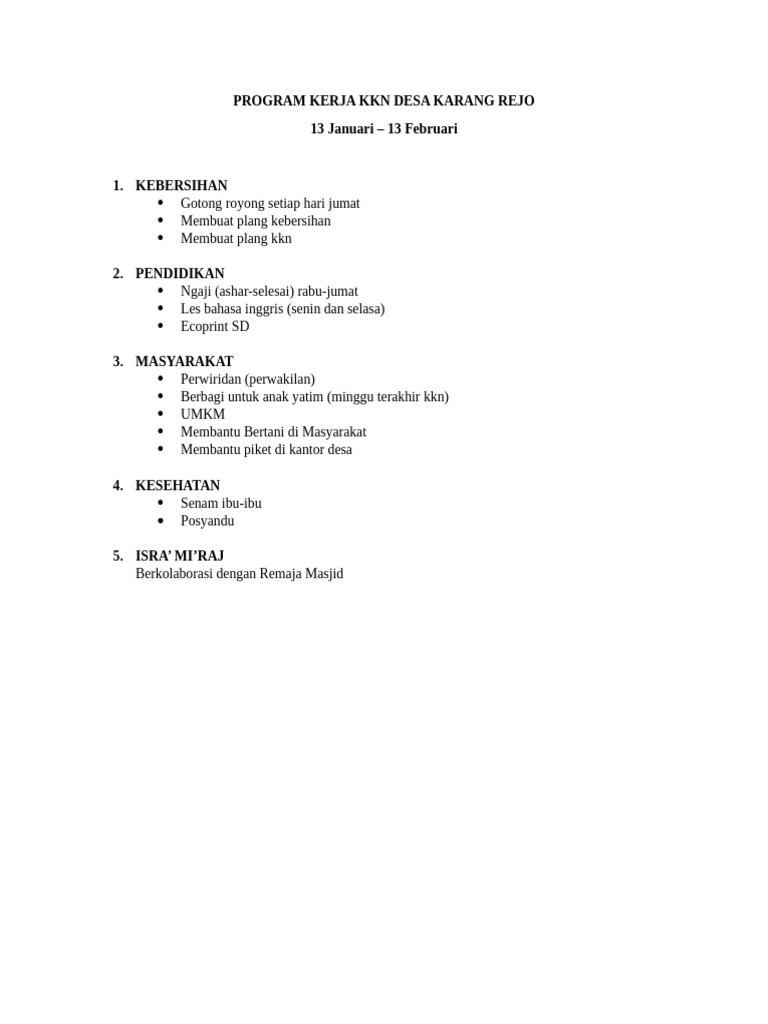 Program Kerja KKN Desa Karang Rejo | PDF