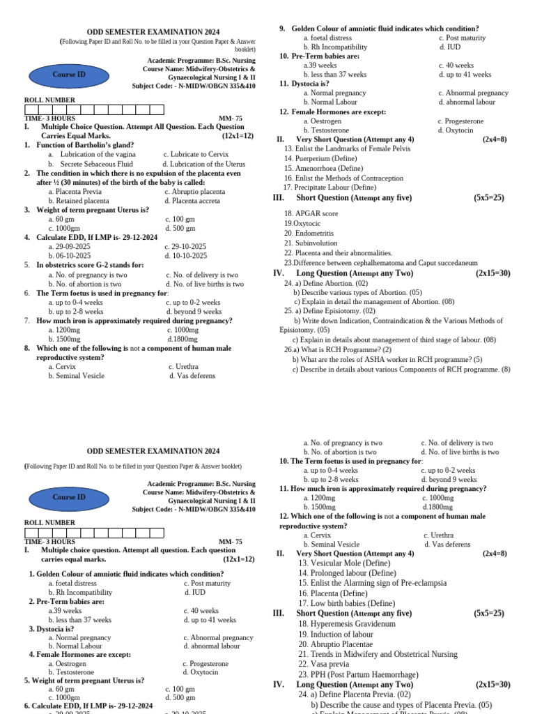 obg sem 7 q paper | PDF | Childbirth | Pregnancy