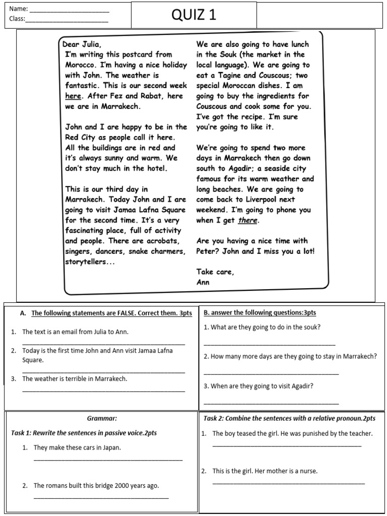 Quiz on Grammar and Comprehension Tasks | PDF