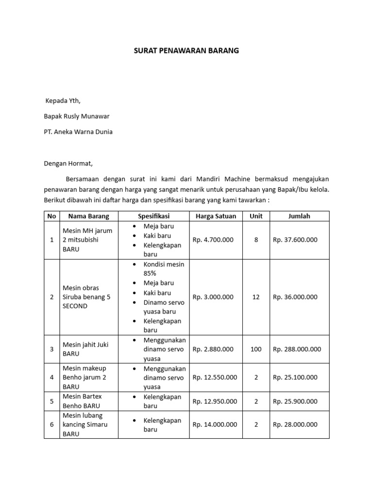 Surat Penawaran Barang Mesin Jahit | PDF
