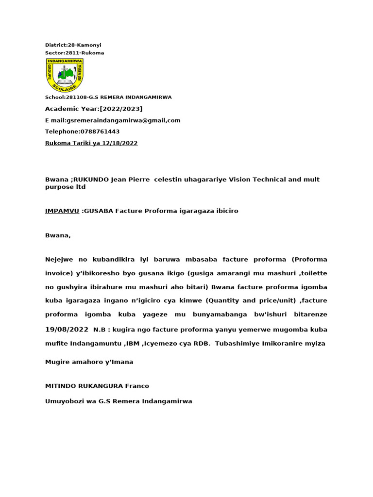 Ibaruwa yo Gusaba Facture Proforma | PDF
