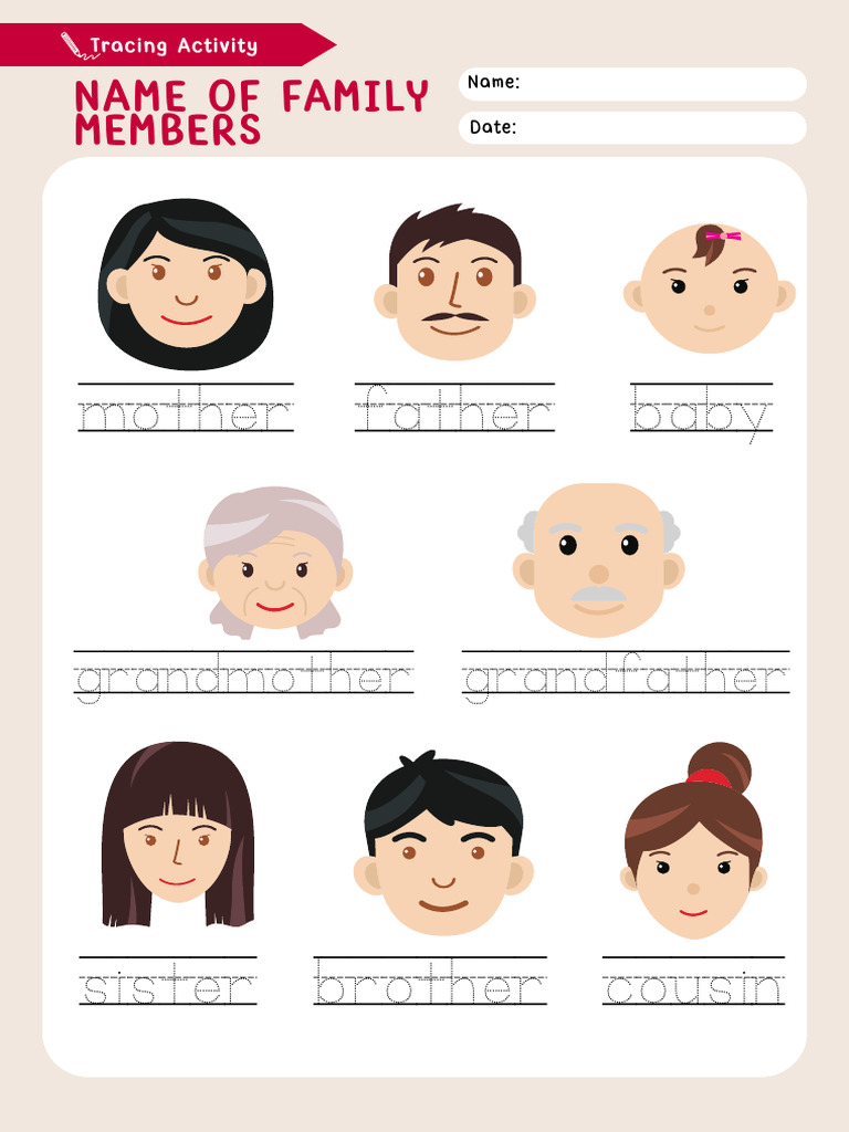 English Name of Family Members Tracing Worksheet in Cream Red White ...