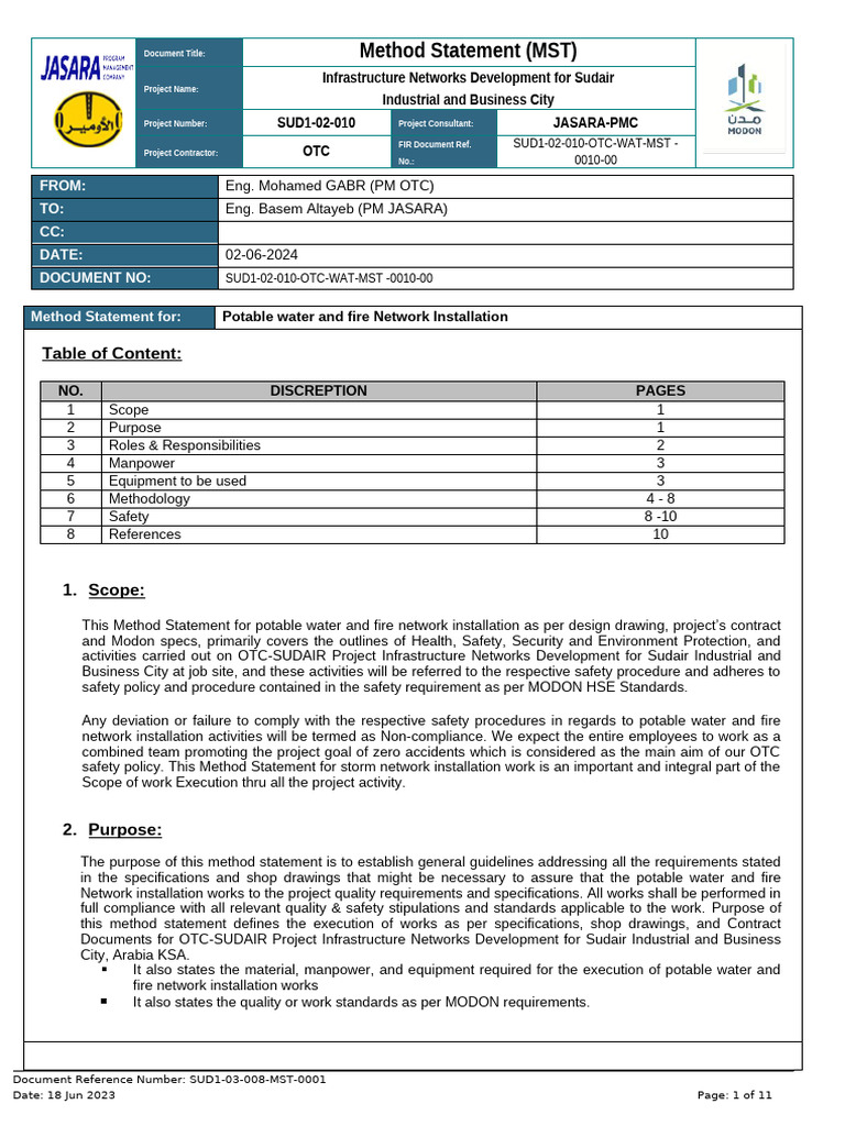 SUD-OTC-Method Statement For Potable and Fire Network | PDF | Personal ...