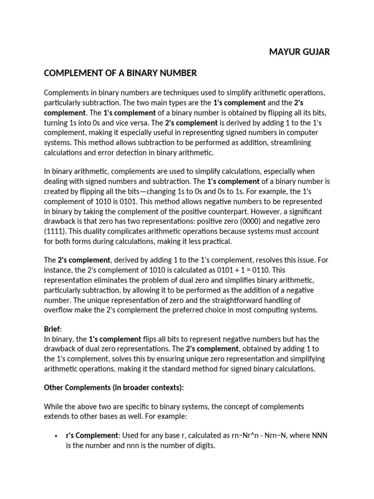 Complement of A Binary Number | PDF | Arithmetic | Mathematical Notation