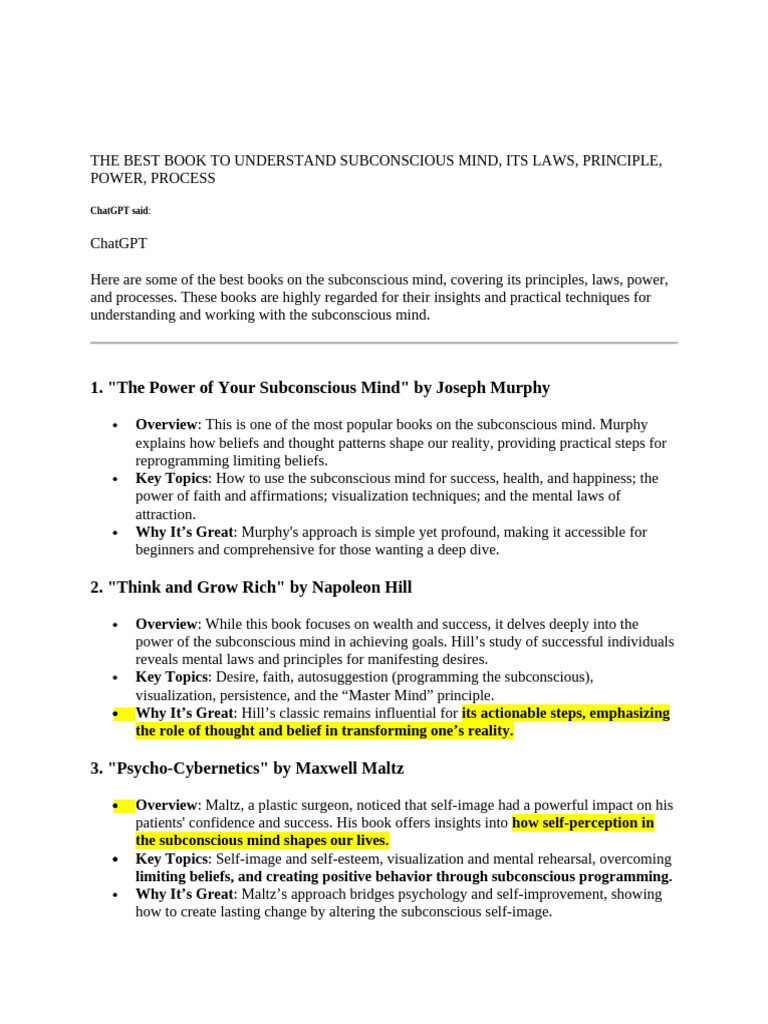 The Best Book To Understand Subconscious Mind | PDF | Mind | Thought