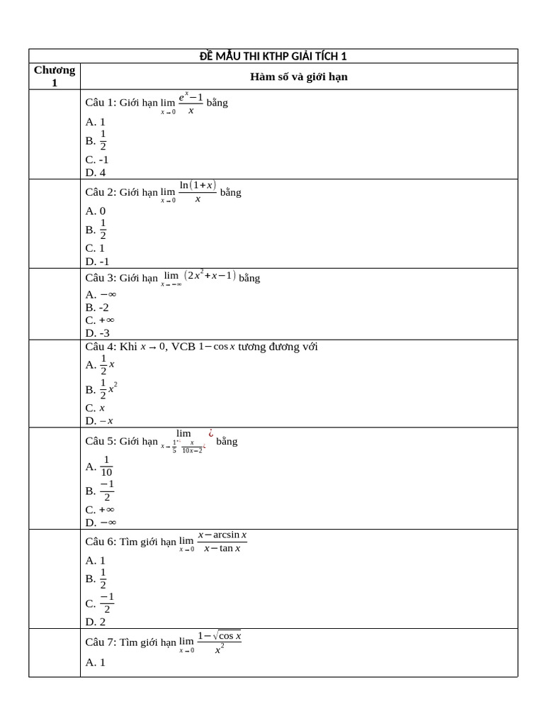 Đề Mẫu Giải Tích 1 - KTHP -2024 | PDF
