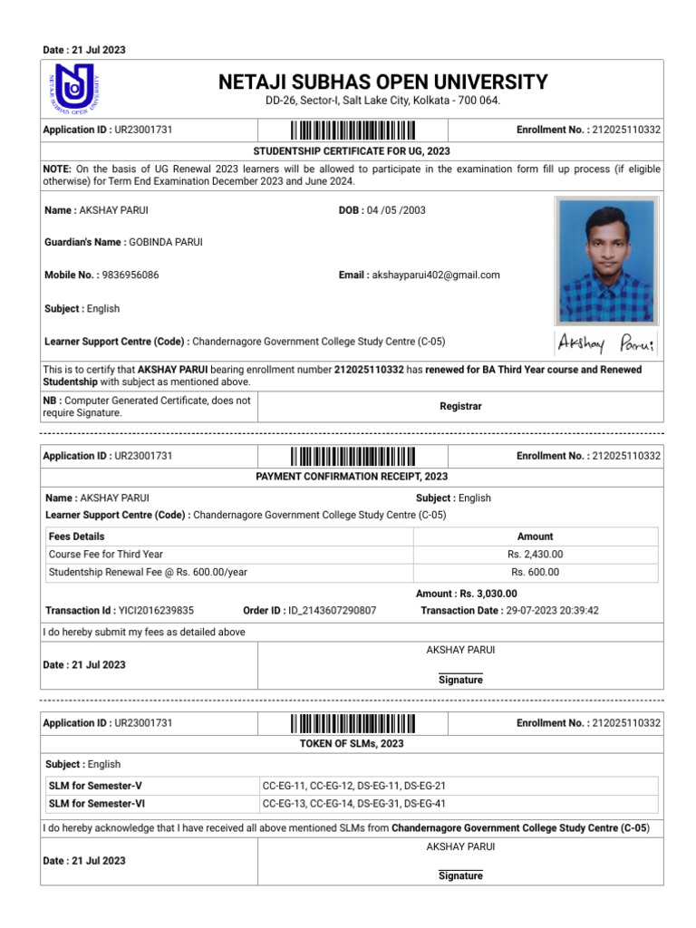 NSOU - UG Renewal - Studentship Certificate | PDF