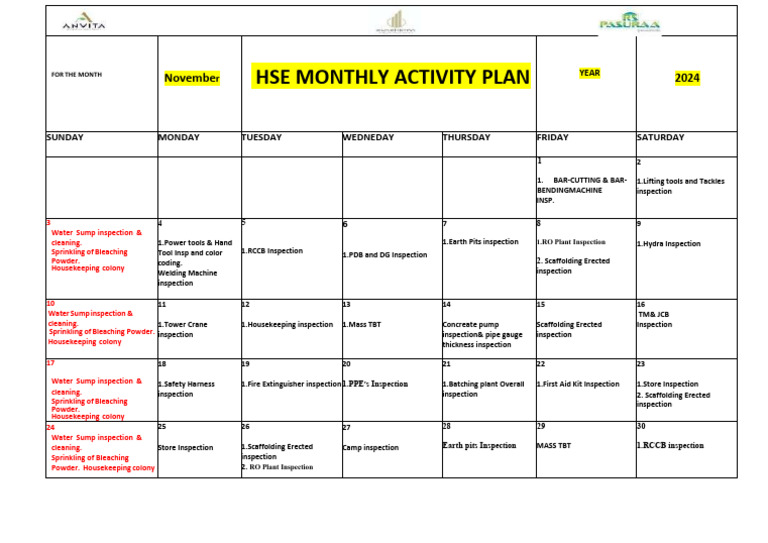 HSE - Monthly Activity Plan, Nov 2024 | PDF | Equipment | Industrial ...