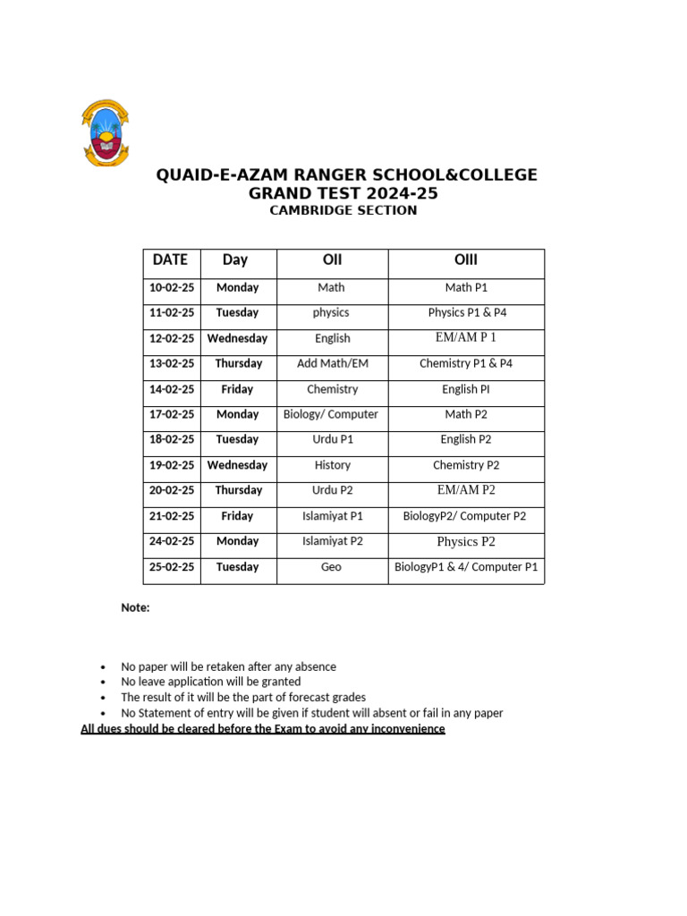 Cambridge Test Schedule 2024-25 | PDF