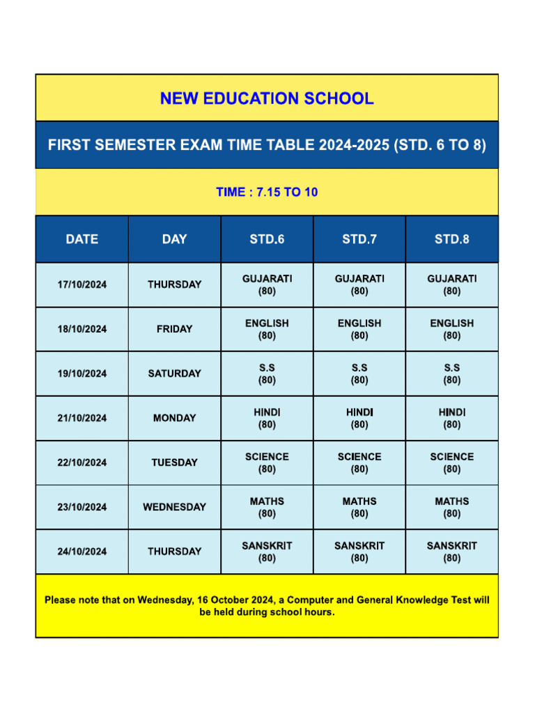 Exam Time Table English Medium 6 To 8 | PDF