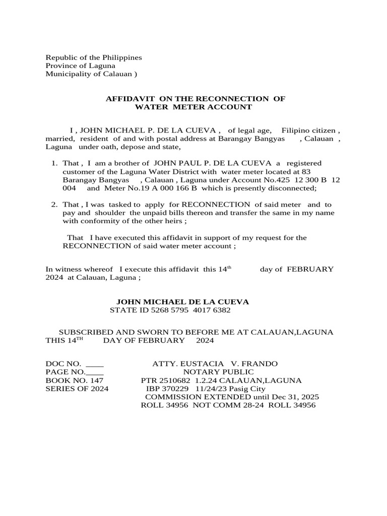 AFF OF RECONNECTION OF WATER FACILITY AND TRANSFER OF NAME | PDF ...