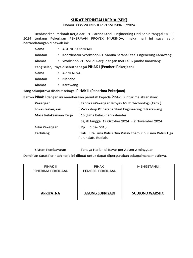 SPK Harian Kantor Sample | PDF