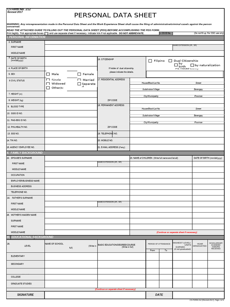 Personal Data Sheet Instructions | PDF | Government | Justice