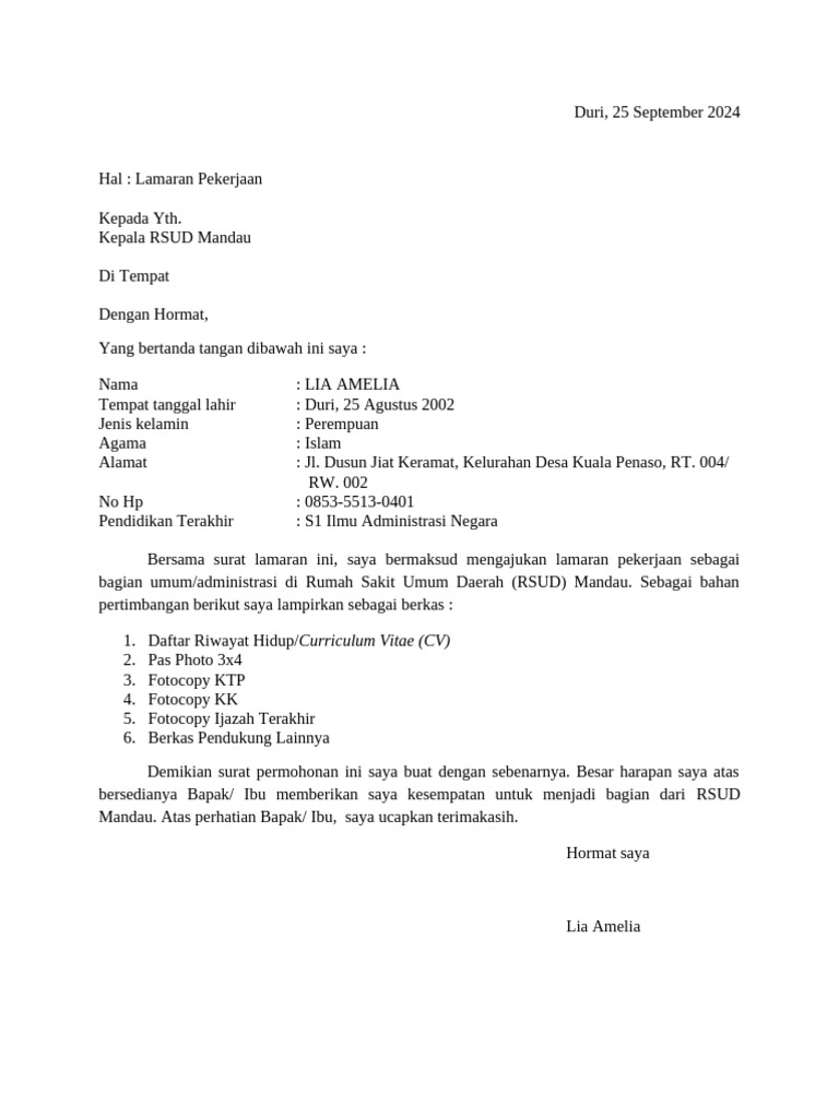 Surat Lamaran RSUD | PDF