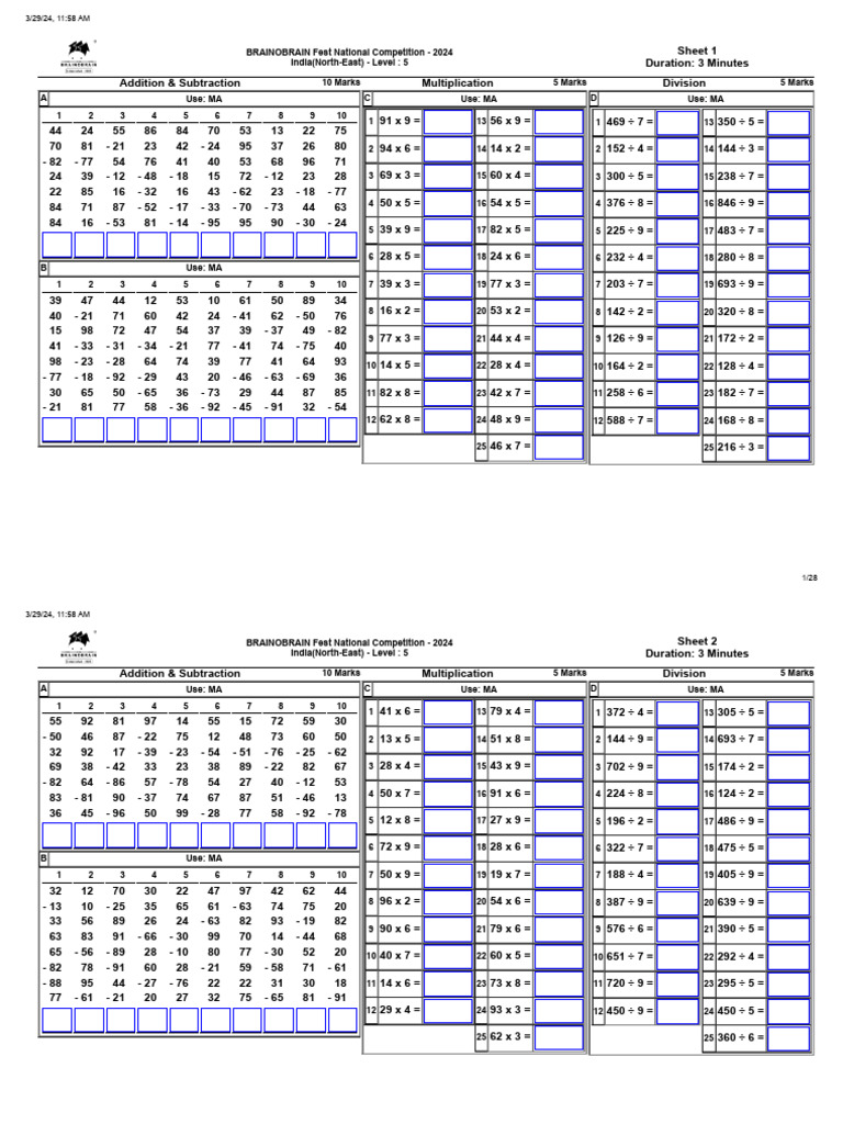BRAINOBRAIN Fest 2024: Math Sheets | PDF | Arithmetic | Elementary ...