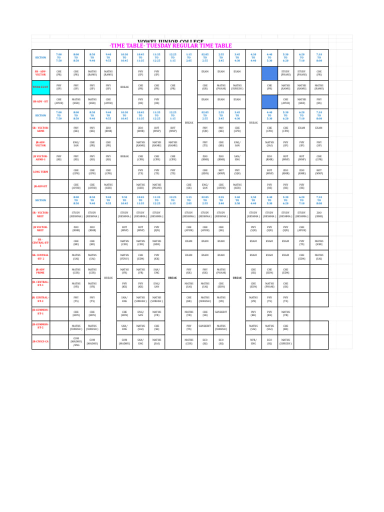 Vowel Junior College Tuesday Timetable | PDF