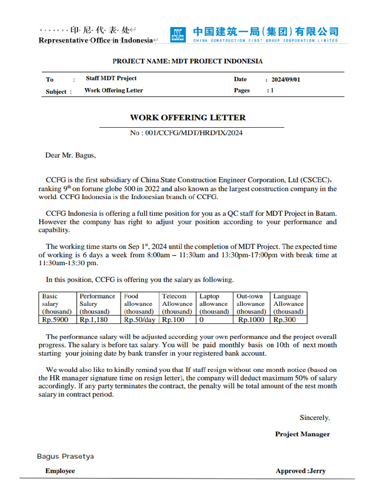 001-QC Project Staff Offering Letter-Bagus 续 | PDF