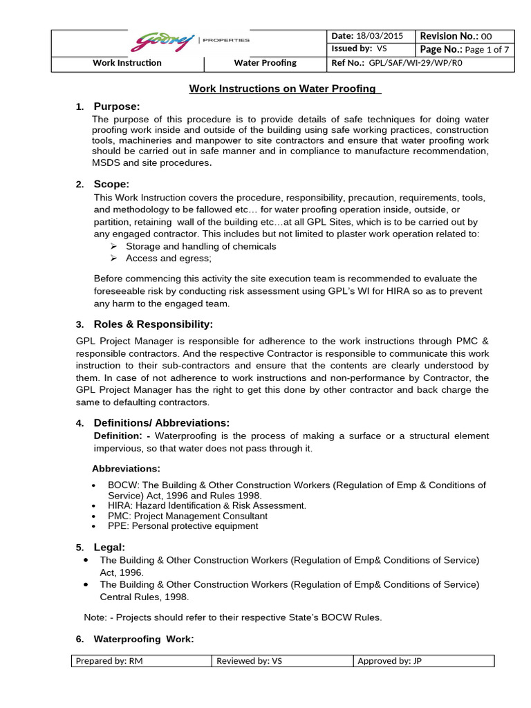 Water Proofing Work Instructions Guide | PDF | Scaffolding | Personal ...