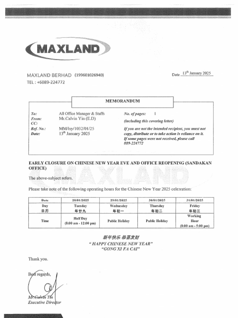 Early Closure Cny | PDF