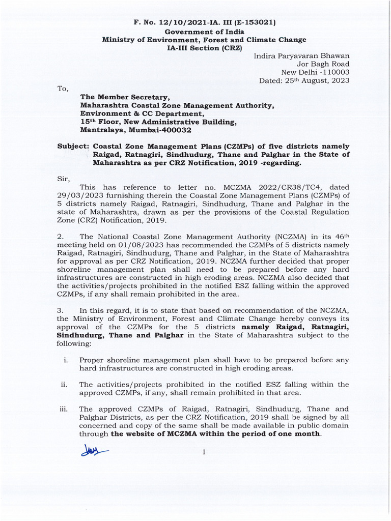 MoEFCC CZMP Approval Letter 25082023 | PDF