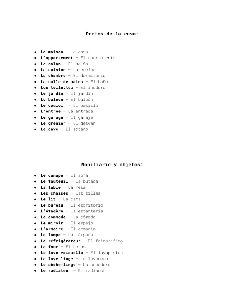 Vocabulario de la casa en francés | PDF