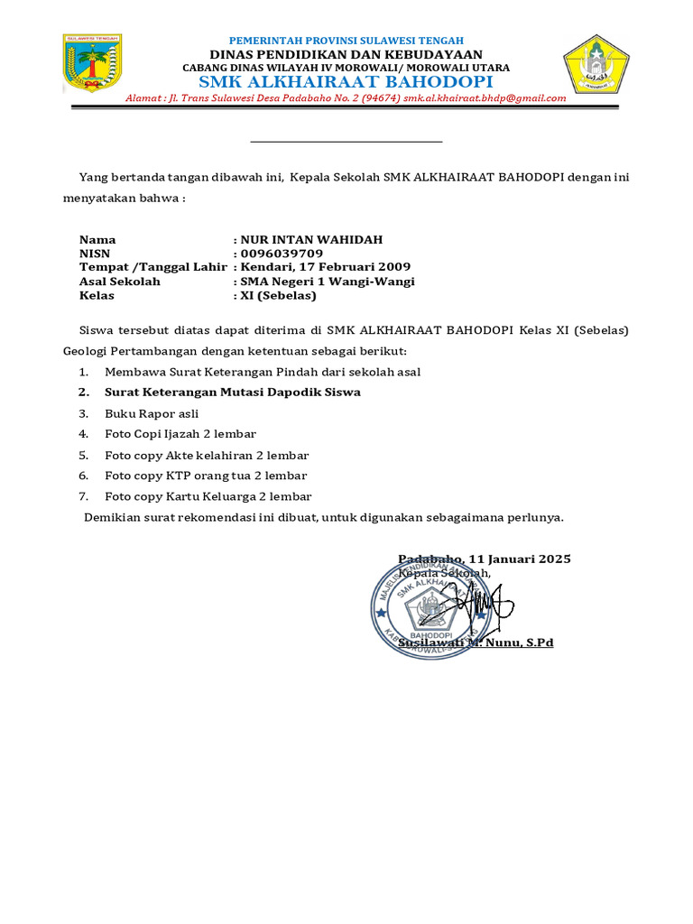 Surat Rekomendasi Nur Intan Wahidah | PDF