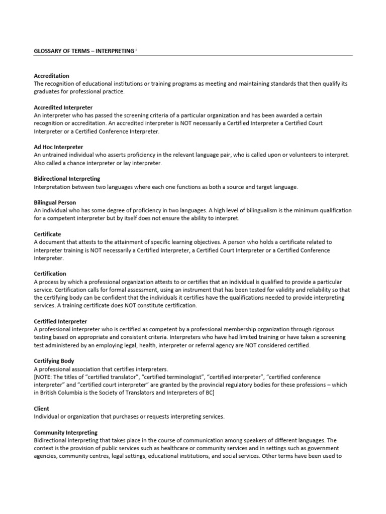Interpreting Terms Glossary | PDF | Language Interpretation | Sign Language