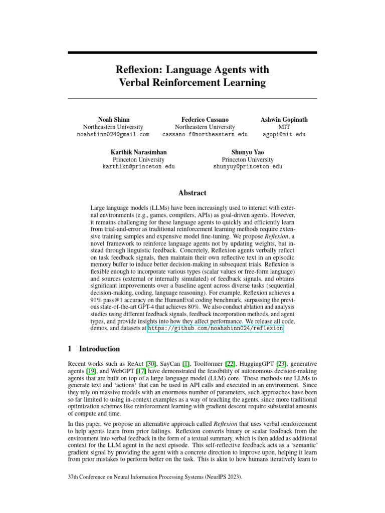 Language Agents With Verbal Reinforcement Learning | PDF | Cognition ...