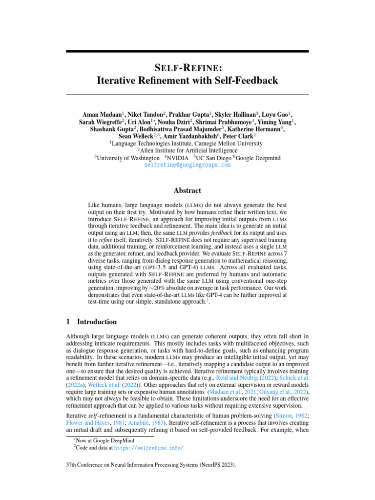 Self Refine Iterative Refinement With Self Feedback | PDF | Program ...