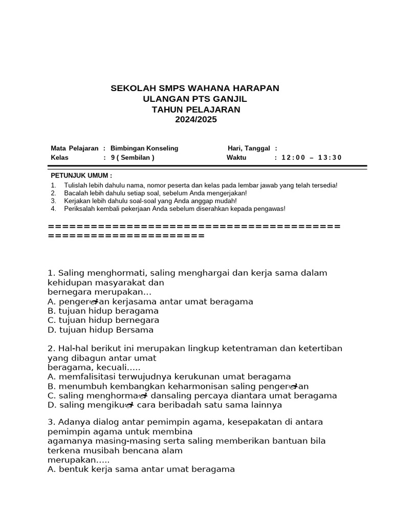 Soal Ulangan BK Kelas 9 PTS Ganjil | PDF