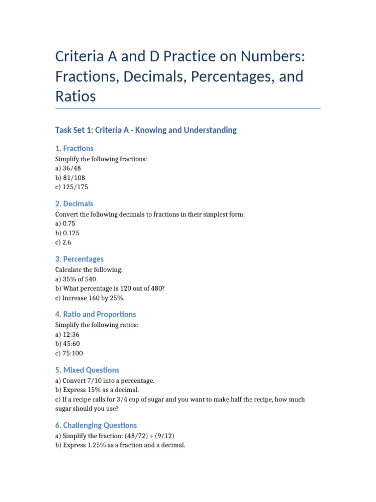 MYP Criteria - A - and - D - Year 1 - Numbers - Practice | PDF ...