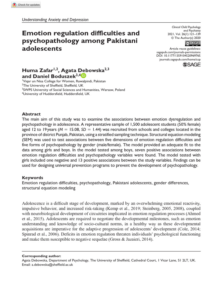 Emotion regulation difficulties and psychopathology among Pakistani adolescents | PDF ...