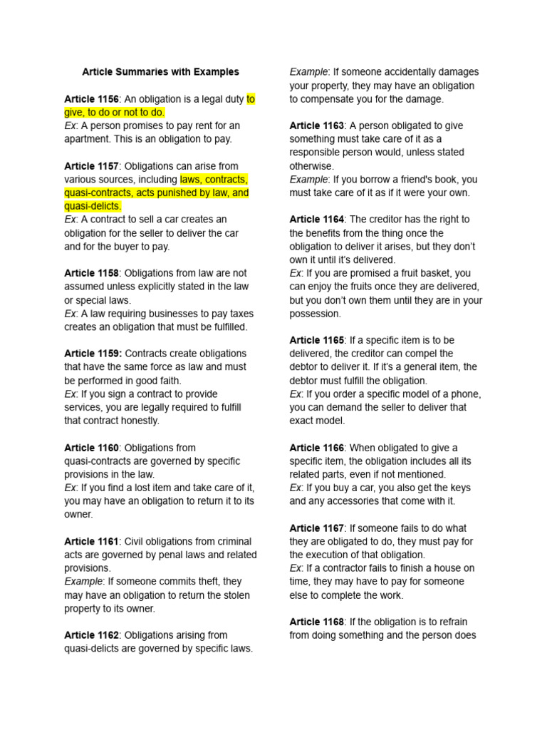 Article 1156-1178 Summaries with Examples | PDF | Law Of Obligations ...