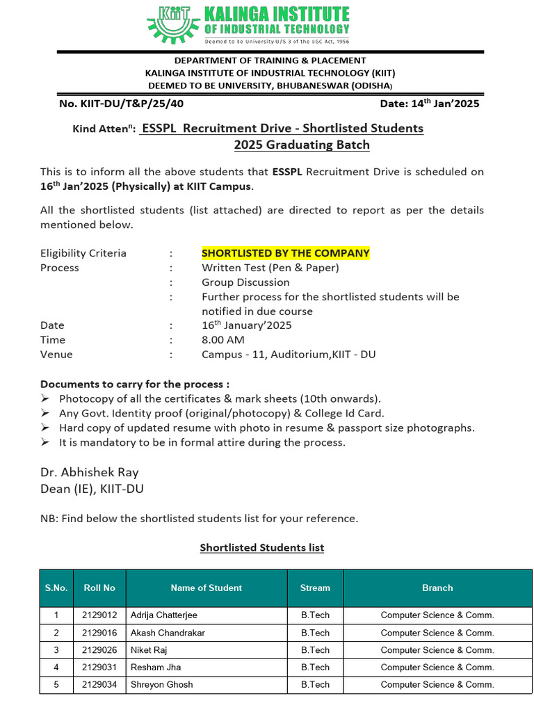 ESSPL Recruitment Drive On 16th Jan'2025 For 2025 Graduating Batch ...