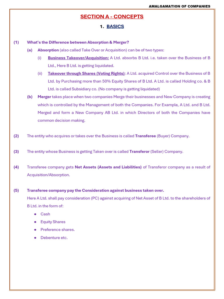 Amalgamation Notes 1 | PDF | Equity (Finance) | Consolidation (Business)