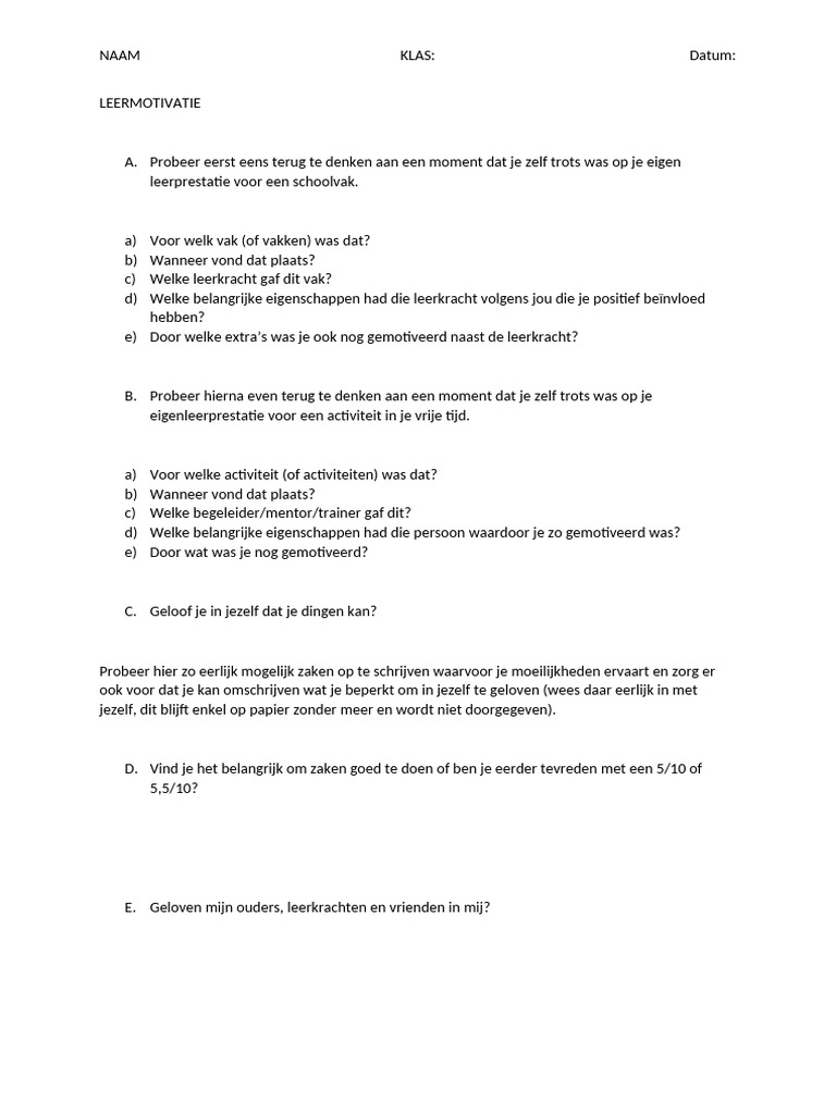 LEERMOTIVATIE Vragen Eerste Indicatie | PDF