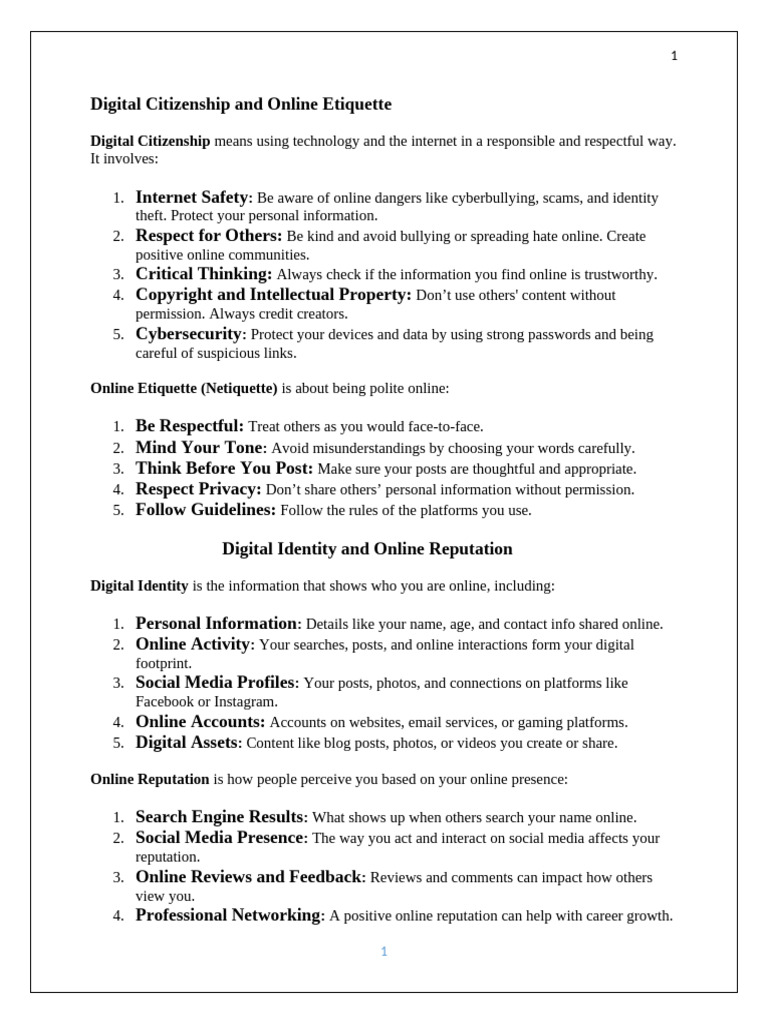 Digital Etiquette and Citizenship Guide | PDF | Cyberbullying | Social ...