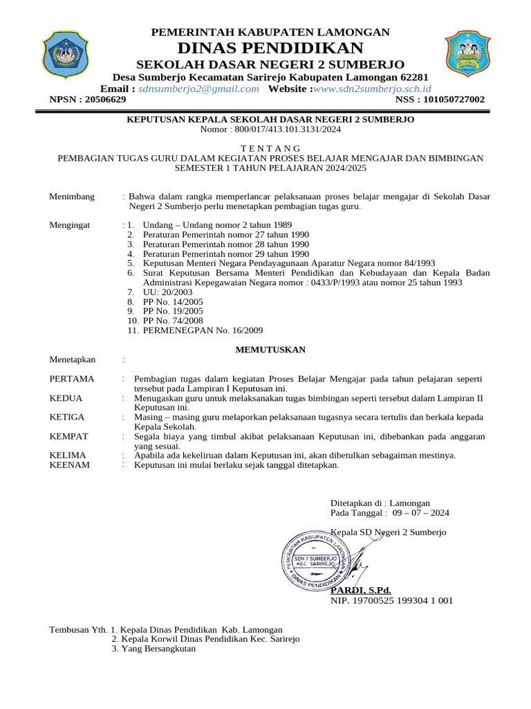 PEMBAGIAN TUGAS MENGAJAR TP 2024 2025 SMT 1 | PDF