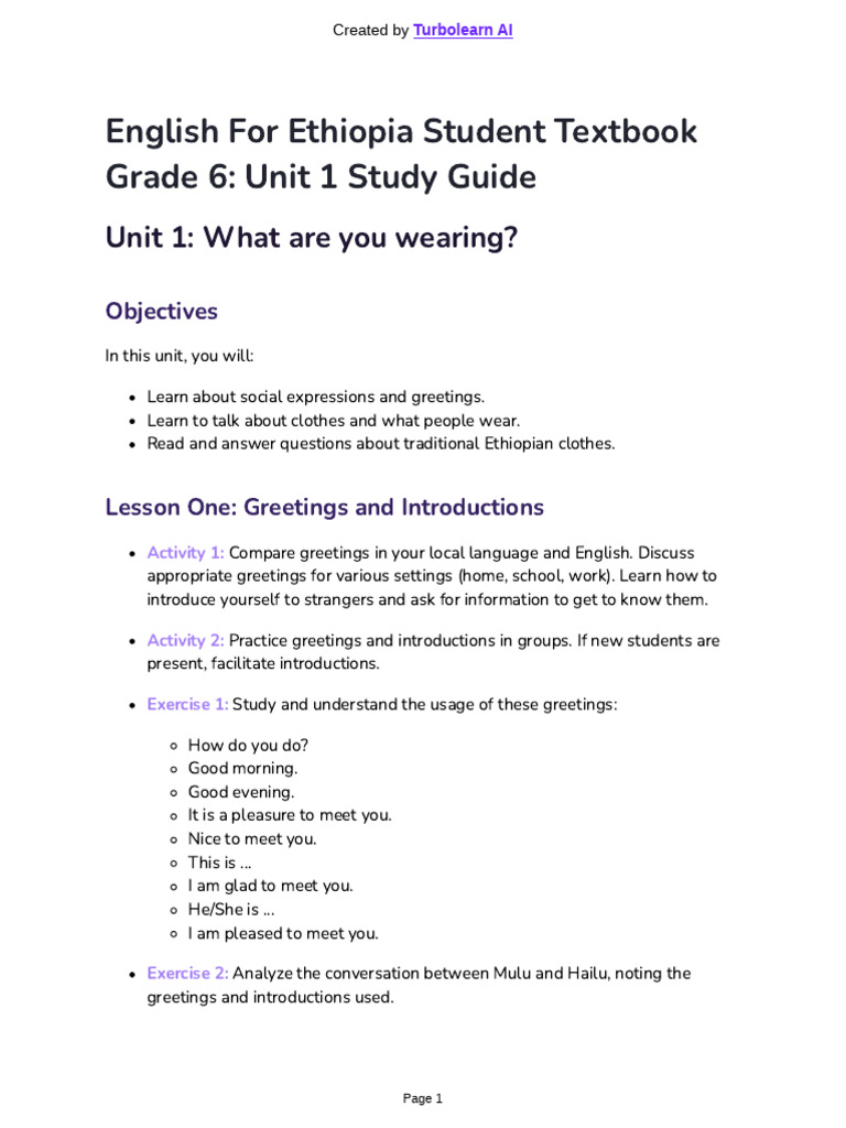 English For Ethiopia Student Textbook Grade 6: Unit 1 Study Guide | PDF | Clothing