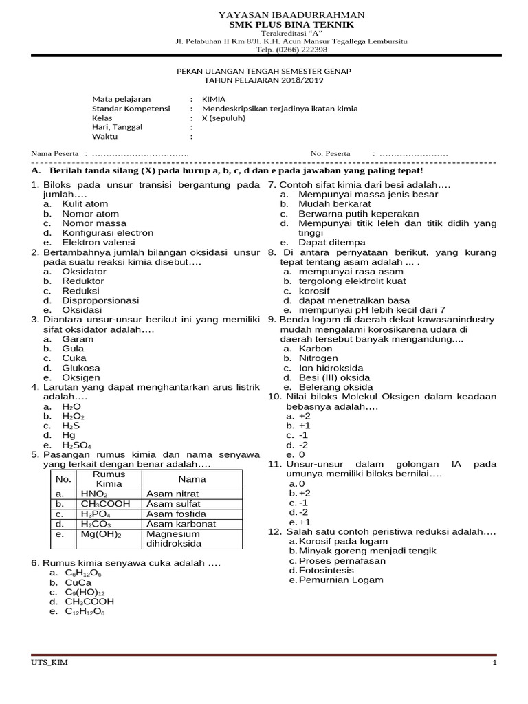 UTS Kimia Kelas X: Ikatan Kimia dan Reaksi | PDF