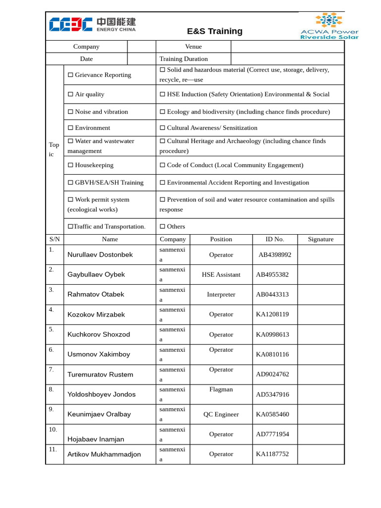 E&S Training Attendance Sheet | PDF | Earth Sciences | Natural Environment
