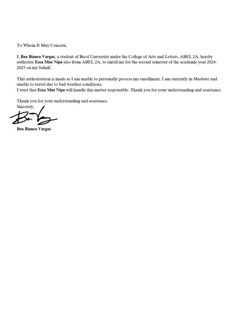 Authorization Letter - Vargas, Bea Bianca | PDF