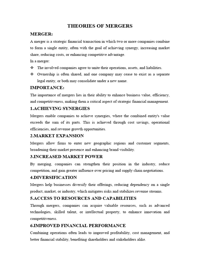 Theories of Mergers | PDF | Mergers And Acquisitions | Market (Economics)